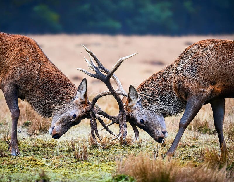 Two Red Deer Stag Stuck in Duel with Antlers Clenching Each Other ...