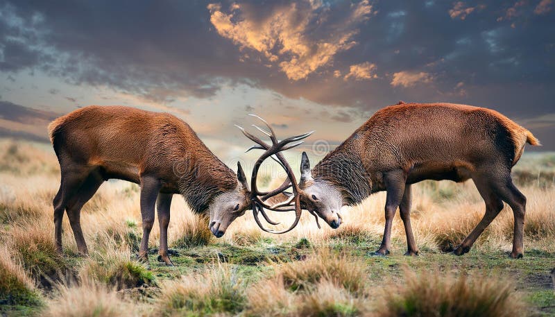 Two Red Deer Stag Stuck in Duel with Antlers Clenching Each Other ...