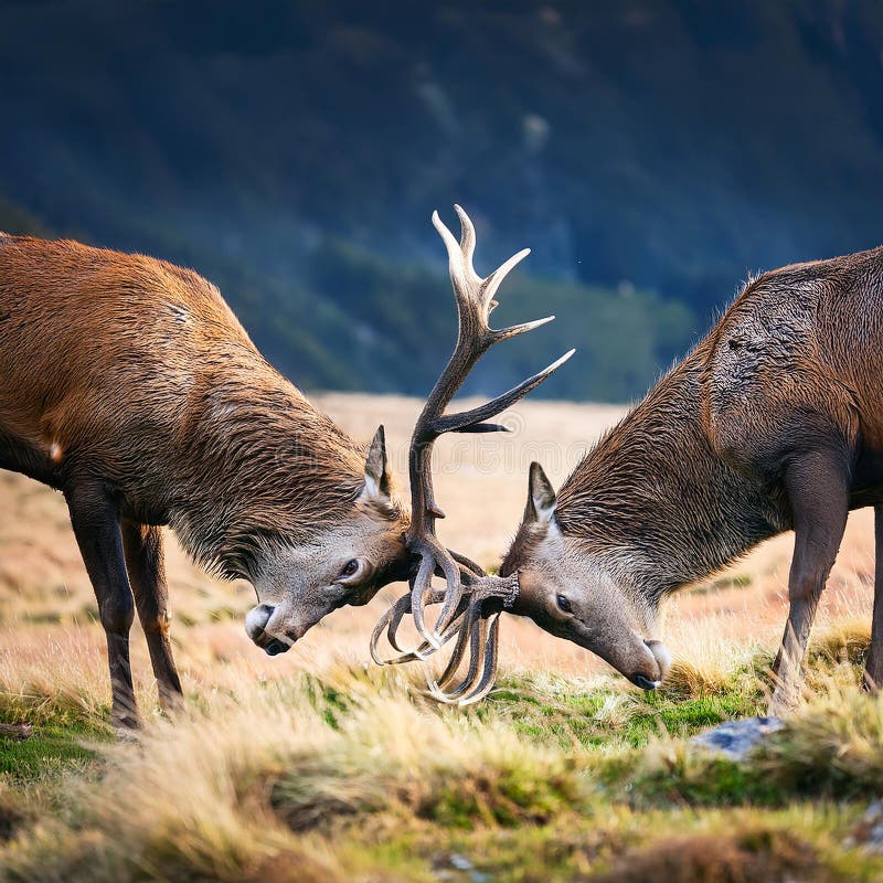 Two Red Deer Stag Stuck in Duel with Antlers Clenching Each Other ...