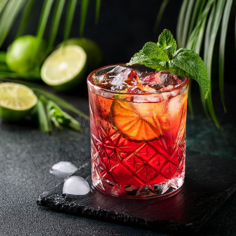 Red Alcoholic Cocktail with Bitter, Whiskey, Soda, Lime, Mint and Ice ...