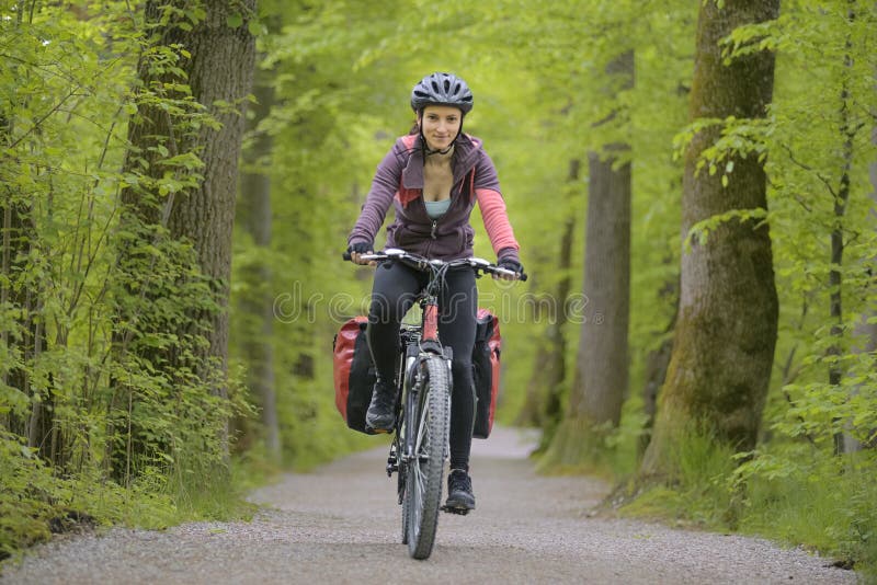 Confident Female Cyclist Enjoying Peaceful Ride Lush Green Forest Stock ...