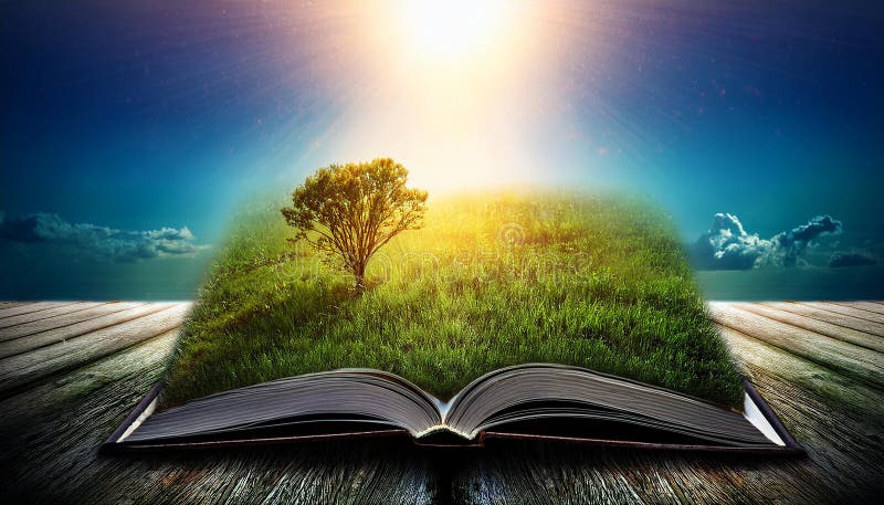 Open magic book of nature stock illustration. Illustration of lawn ...