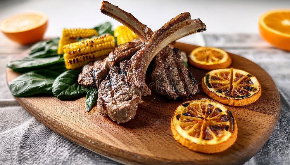 Appetizing Lamb Chops with Corn and Orange Slices. Delicious Grilled ...