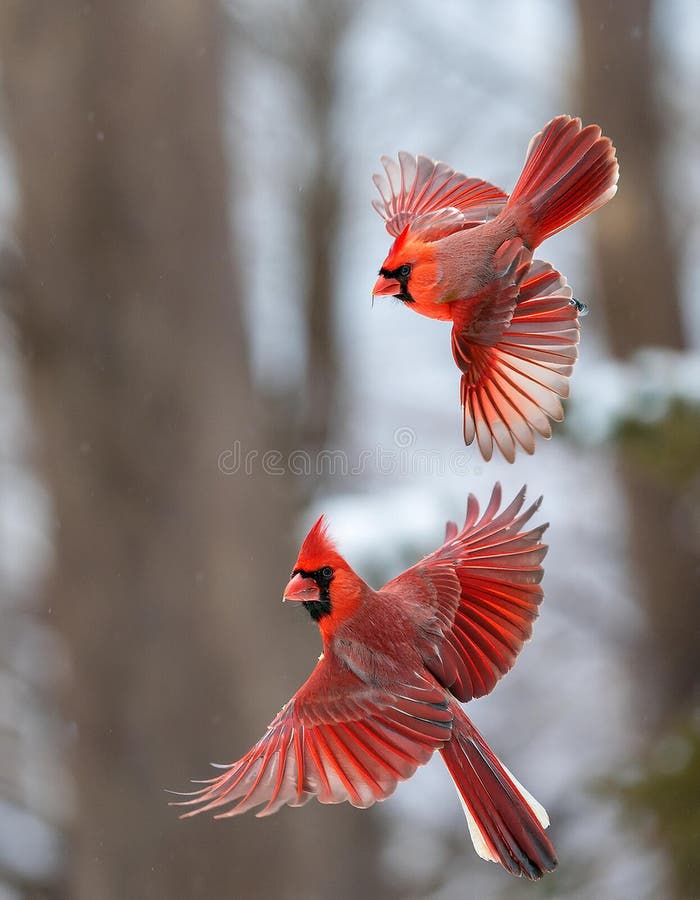 Red Northern Cardinal Male and Female Flying on Blur Background Stock ...
