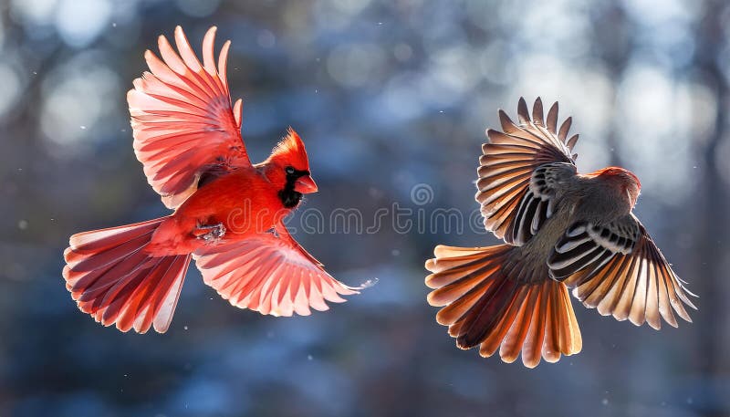 Red Northern Cardinal Male and Female Flying on Blur Background Stock ...