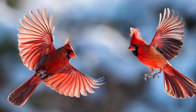 Red Northern Cardinal Male and Female Flying on Blur Background Stock ...