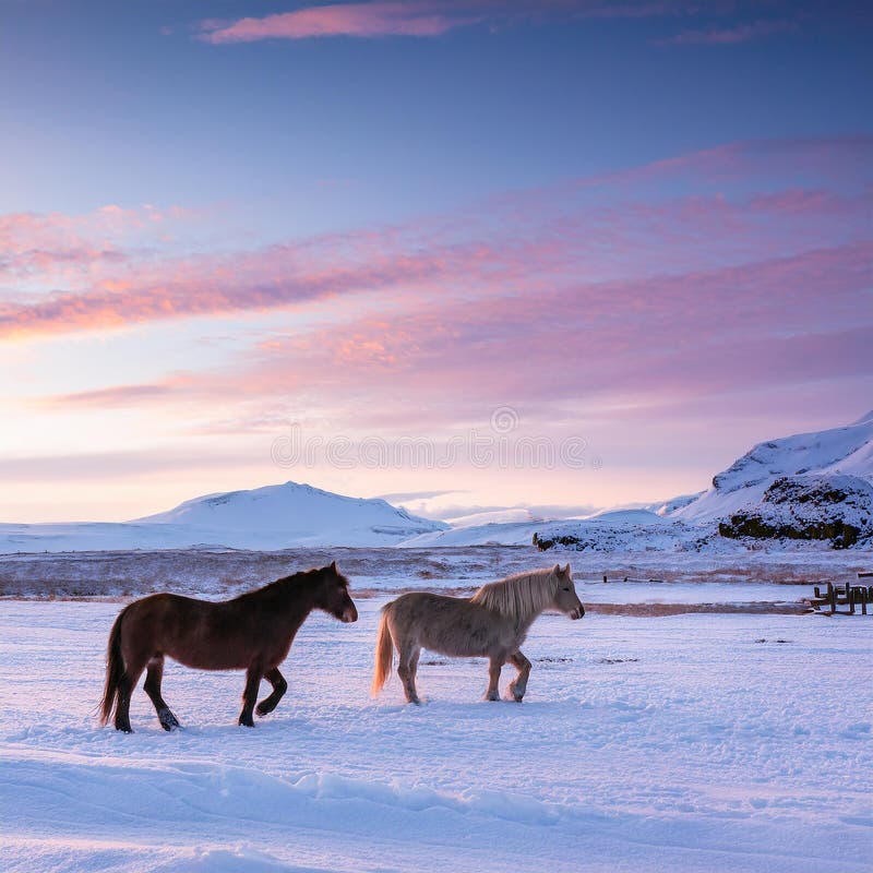 Horses in Winter Scene. Beautiful Western Scene with Horses Crossing a ...