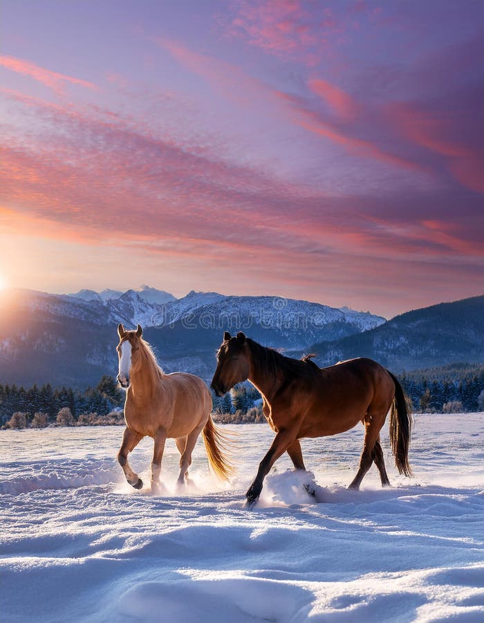 Horses in Winter Scene. Beautiful Western Scene with Horses Crossing a ...
