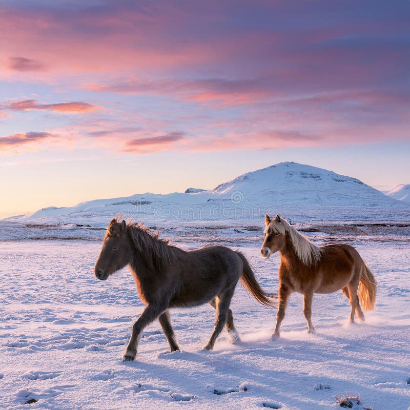 Horses in Winter Scene. Beautiful Western Scene with Horses Crossing a ...