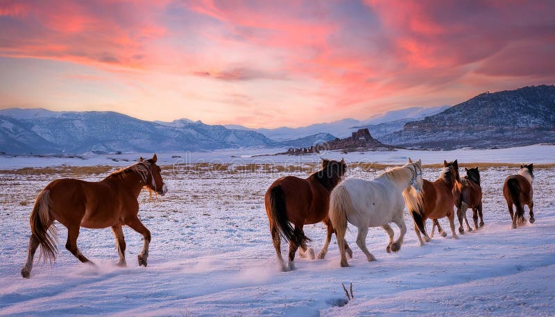 Horses in Winter Scene. Beautiful Western Scene with Horses Crossing a ...