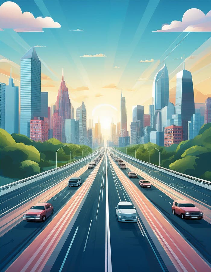 Traffic on the Road Perspective Horizon Vanishing Point View with City ...