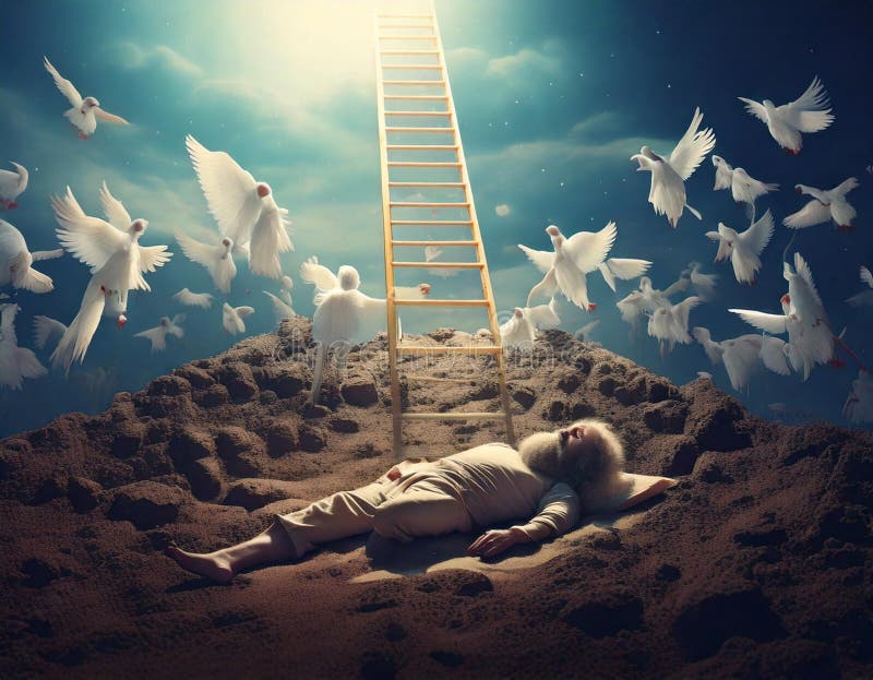 Fictional Man is Sleeping Below a Ladder with Guarding Angels. Stock ...