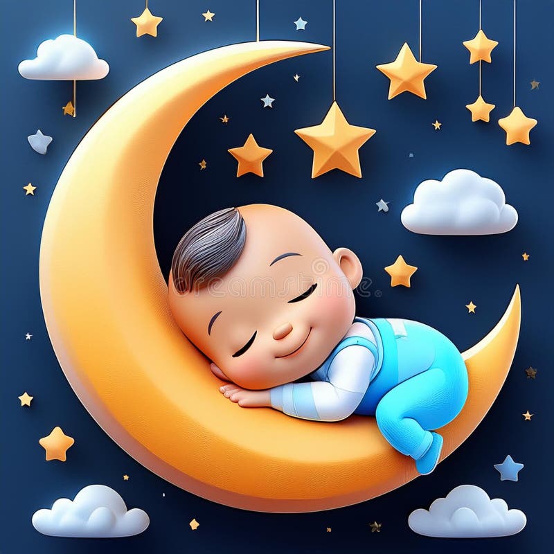 Child Baby Boy Sleeping on Moon Cartoon Stock Photo - Image of greeting ...
