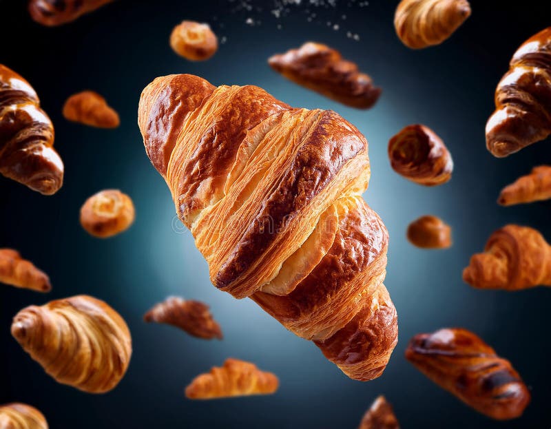 Freshly Baked Croissant Sweet Pastries Flying Air Dessert Goods Stock ...
