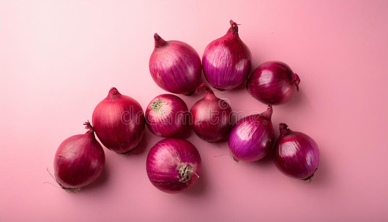 Several Red Onions on a Pink Background. Onions, Red, Unpeeled, Top ...