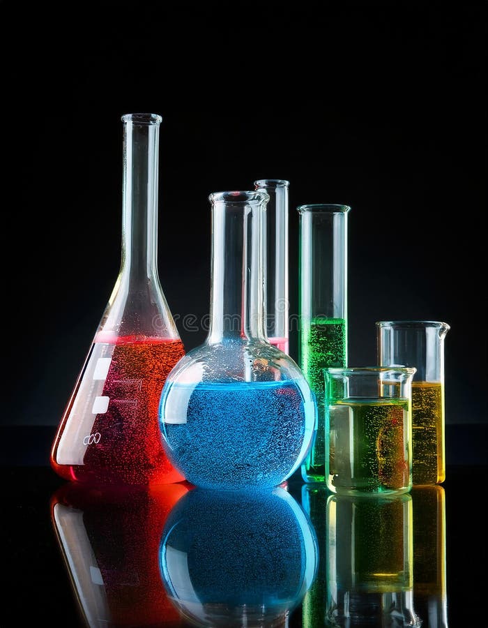 Laboratory Analysis. Different Glassware with Colorful Liquids on Black ...