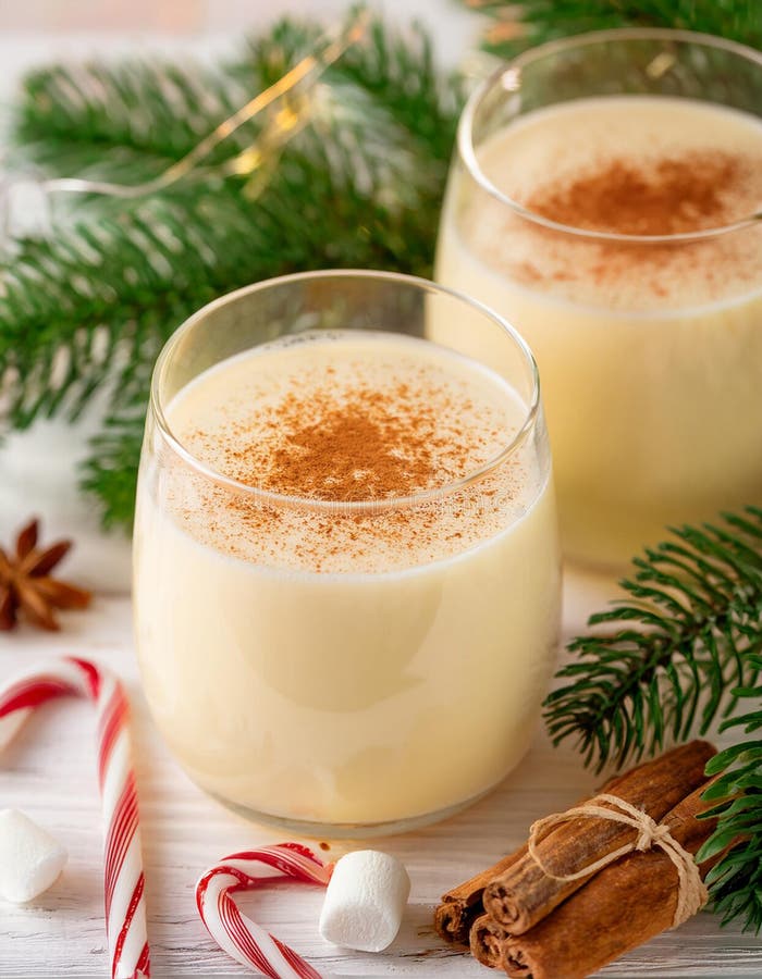 Two Glass Homemade Winter Eggnog with Cinnamon, and Fir Tree Branches ...