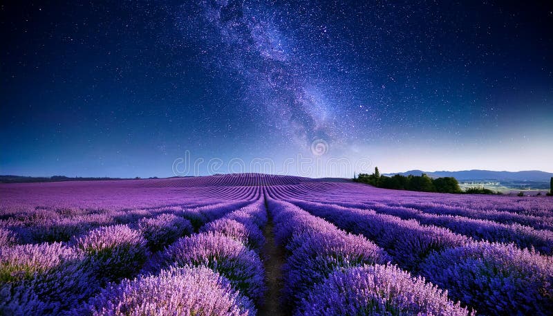 Lavender Field Night Landscape Full Purple Flowers Stock Photos - Free ...