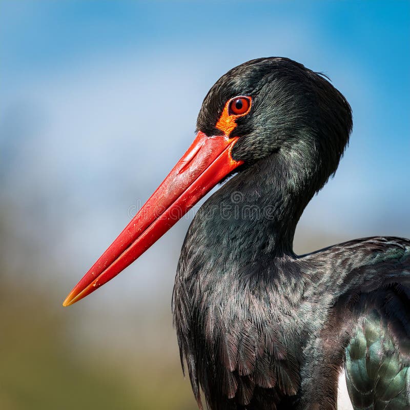 Detail Close-up Portrait of Black Stork with Red Bill. Black Stork in ...