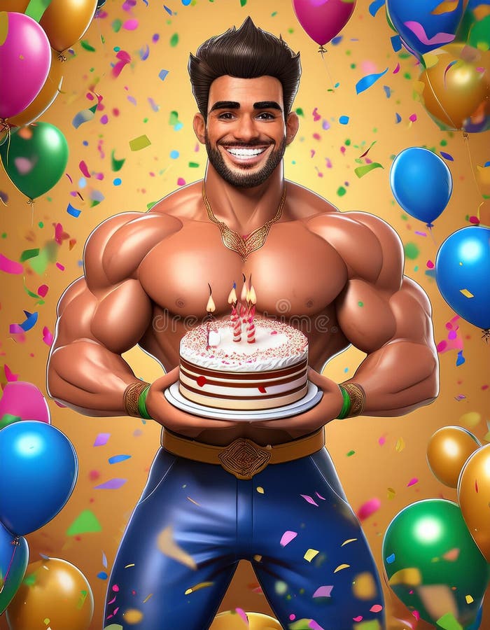 Bodybuilder Birthday Card Party with Cake and Balloons Cartoon Stock ...