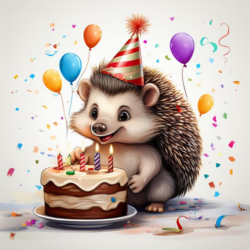 Hedgehog Birthday Party with Cake and Balloons Cartoon Stock ...
