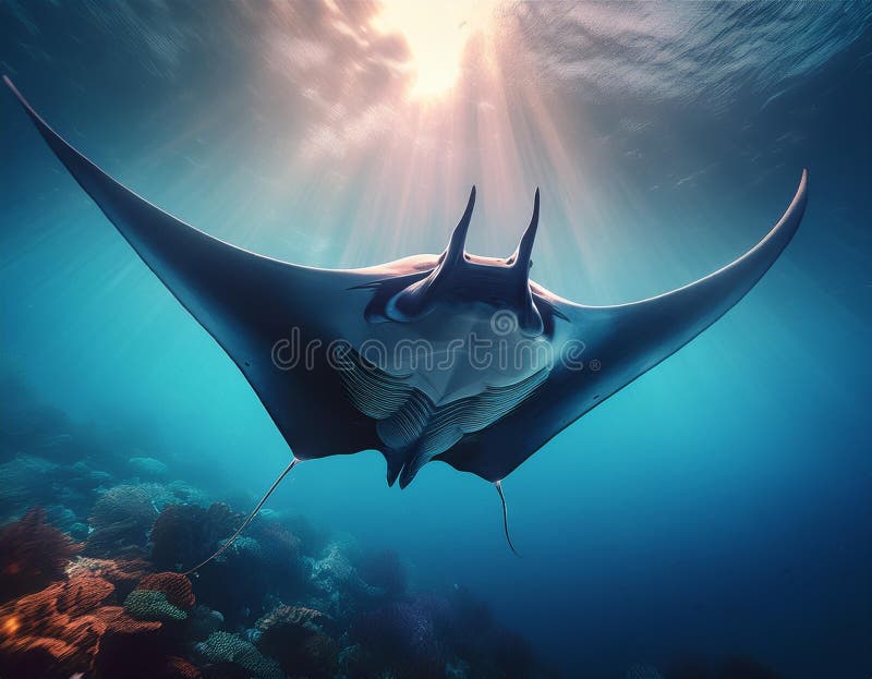 Cinematic Manta Ray Swimming Around the Sea Stock Illustration ...