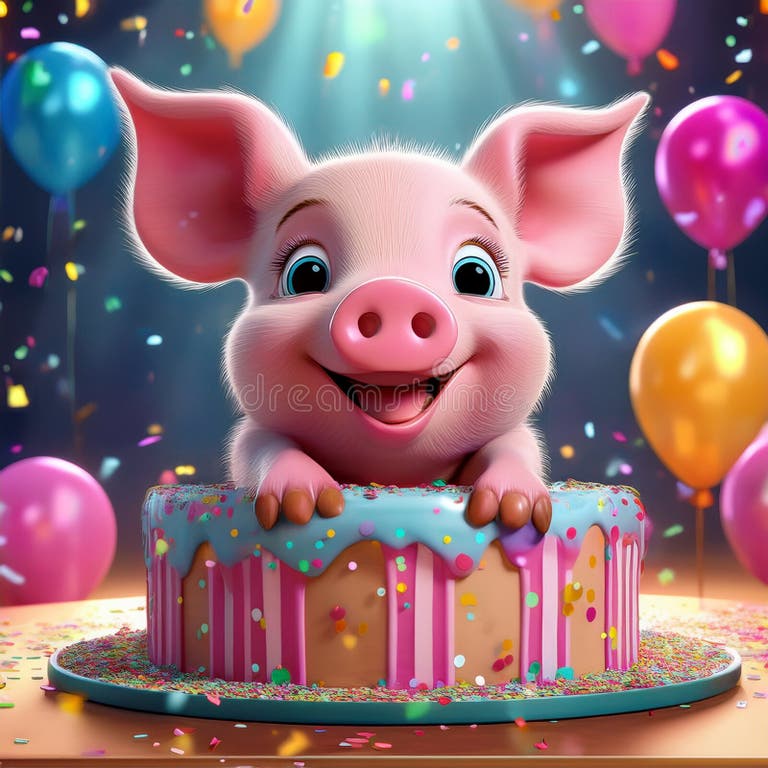 Piglet Birthday Party with Cake and Balloons Cartoon Stock Photo ...