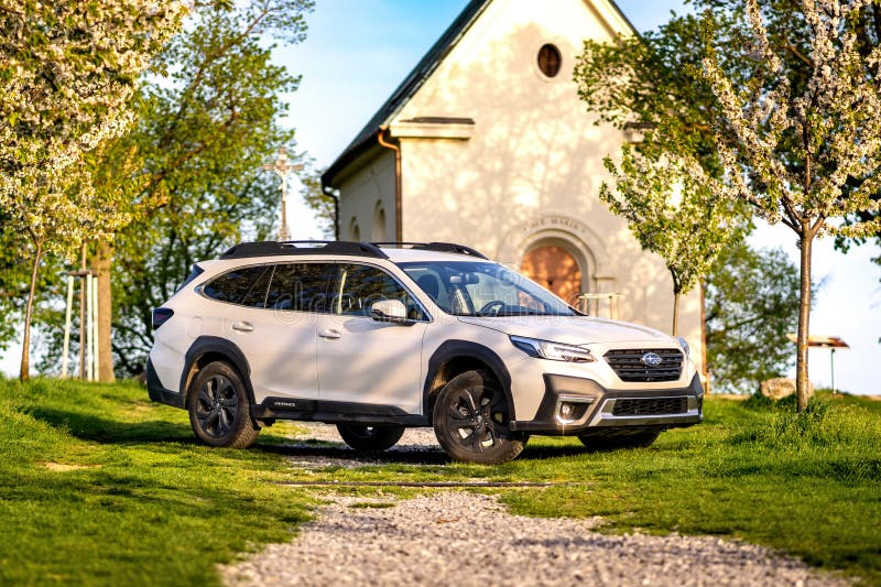 Subaru Outback Suv Outdoors Spring Under Blooming Trees Stock Photos ...