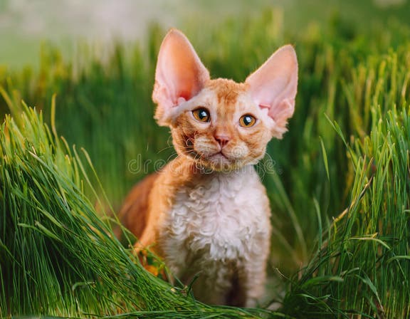 Funny Curious Young Red Ginger Devon Rex Kitten Sitting in Green Grass ...