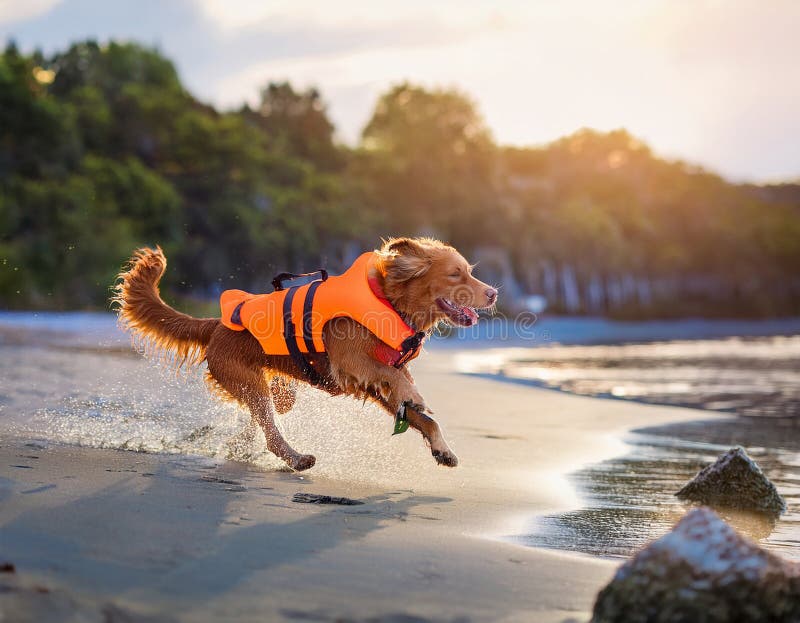 Happy Toller Dog in Life Jacket Running on the Beach with a Dummy ...