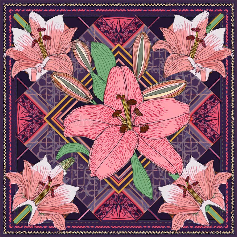 Flowers Bandana Pattern.Silk Scarf Design, Fashion Textile Stock ...