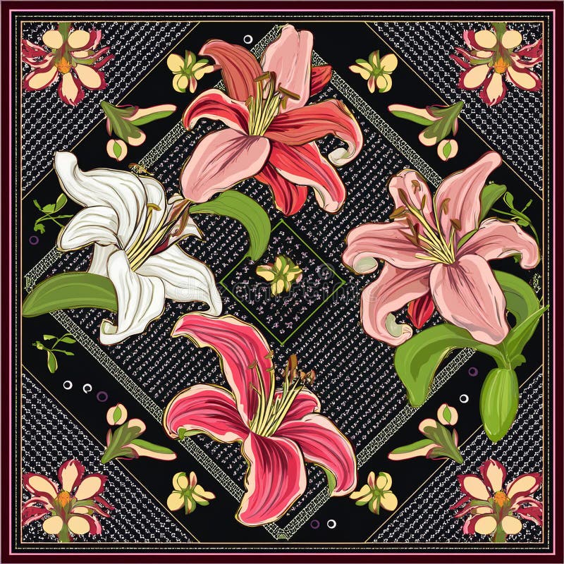 Flowers and Bandana Pattern.Silk Scarf Design, Fashion Textile Stock ...