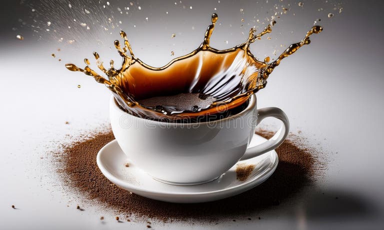 Dynamic Coffee Splash Exploding from a White Ceramic Cup on a Dark ...