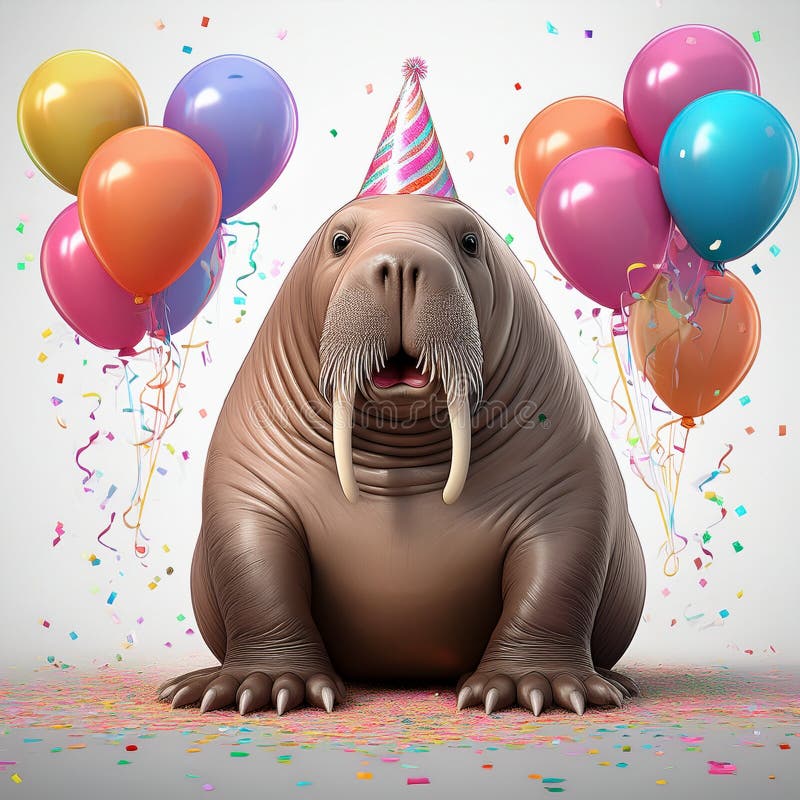 Walrus Birthday Party with Cake and Balloons Cartoon Stock Photo ...