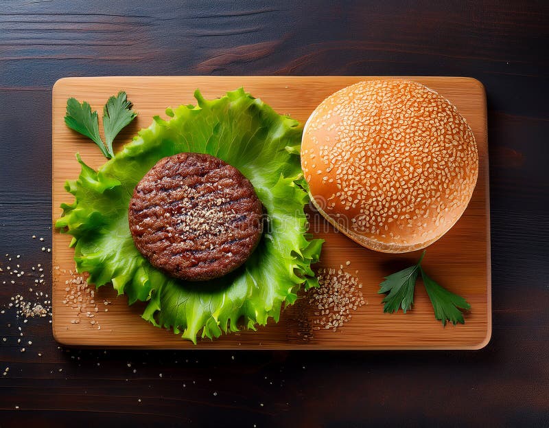 Burger Ingredients Close-up with a Beef Patty, Green Salad Leaf ...