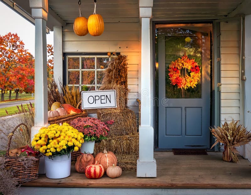 Open Sign and Fall Decorated Window at a Country Store Stock ...