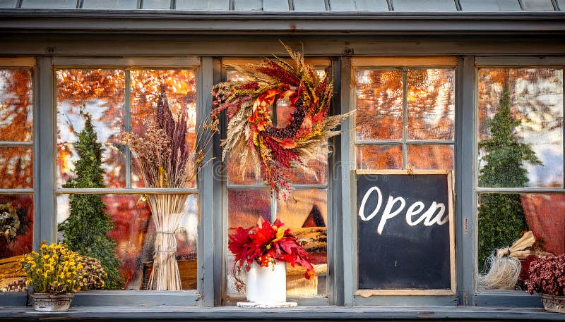 Open Sign and Fall Decorated Window at a Country Store Stock ...