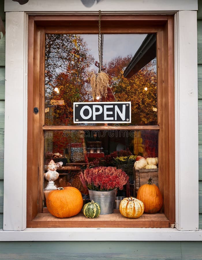 Open Sign and Fall Decorated Window at a Country Store Stock ...