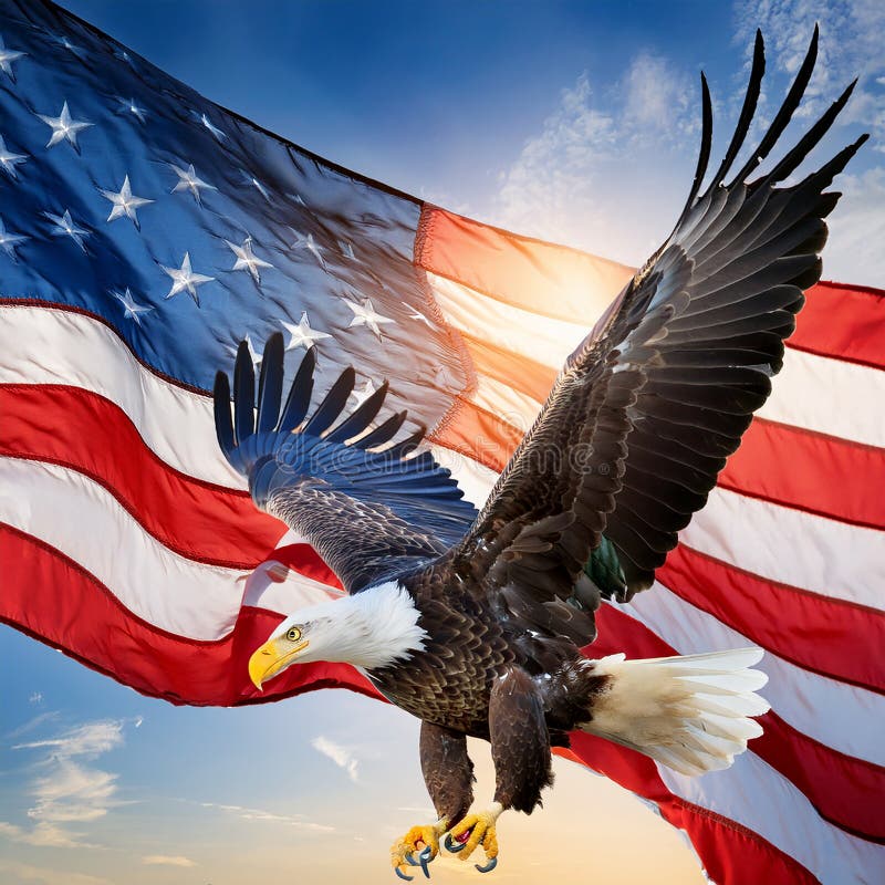 Bald Eagle Flying in Front of the American Flag with Motion Look Stock ...