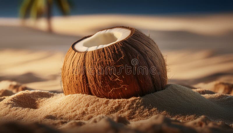 Single Coconut in Beach Sand Stock Illustration - Illustration of ripe ...