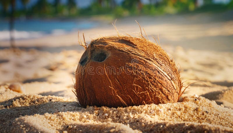 Single Coconut in Beach Sand Stock Illustration - Illustration of fresh ...