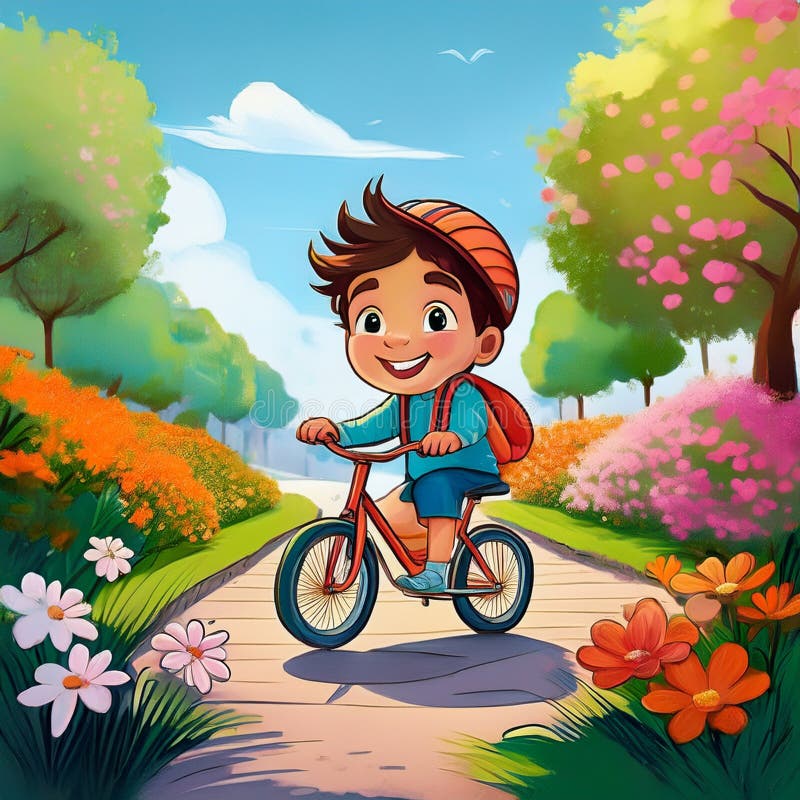 Child on Cycle Bike in Spring Cartoon Stock Photo - Image of field ...