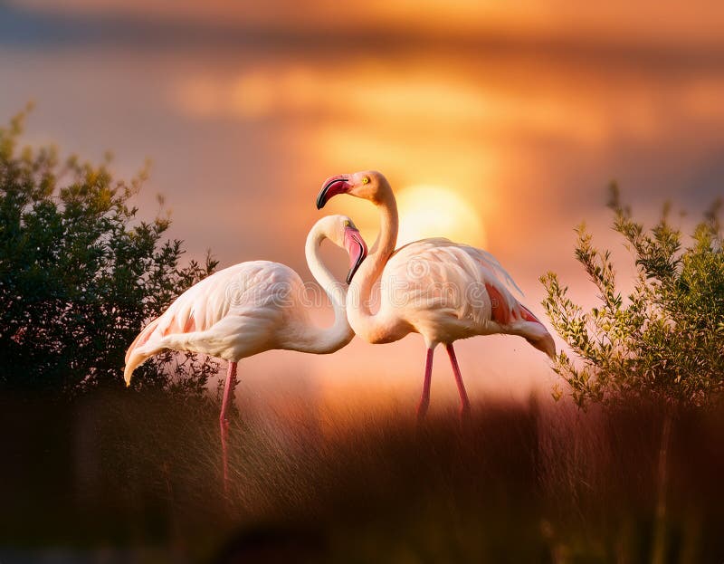 The Love of Flamingos. Nature Background with Warm Colors. Birds ...
