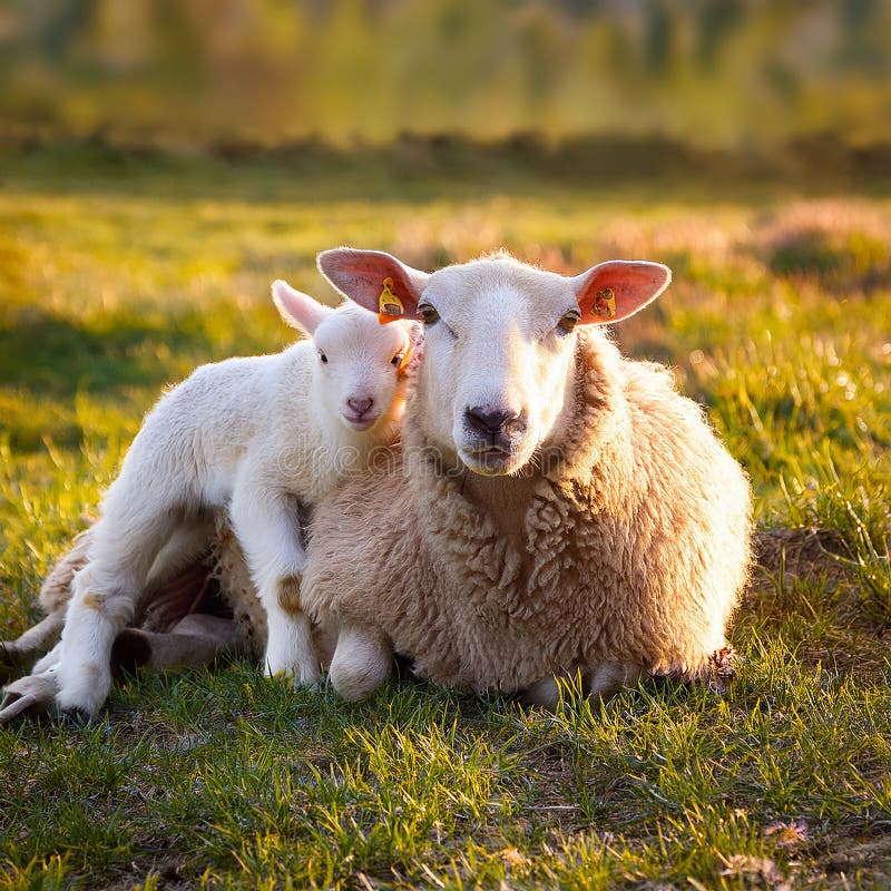 Resigned. Sheep Lying in a Field in Spring with a Lamb Climbing on Its ...