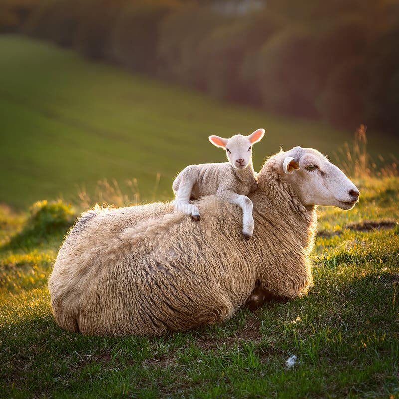 Resigned. Sheep Lying in a Field in Spring with a Lamb Climbing on Its ...