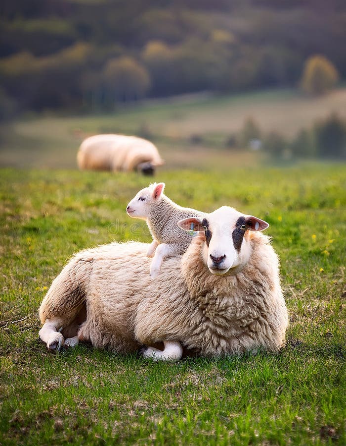 Resigned. Sheep Lying in a Field in Spring with a Lamb Climbing on Its ...