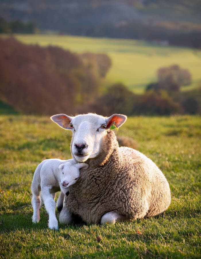 Resigned. Sheep Lying in a Field in Spring with a Lamb Climbing on Its ...