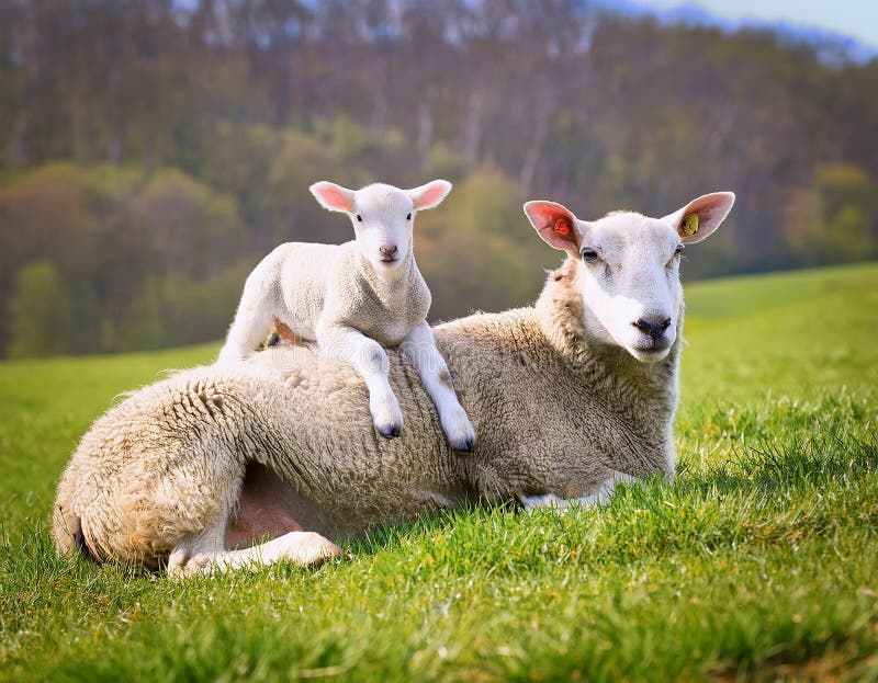 Resigned. Sheep Lying in a Field in Spring with a Lamb Climbing on Its ...