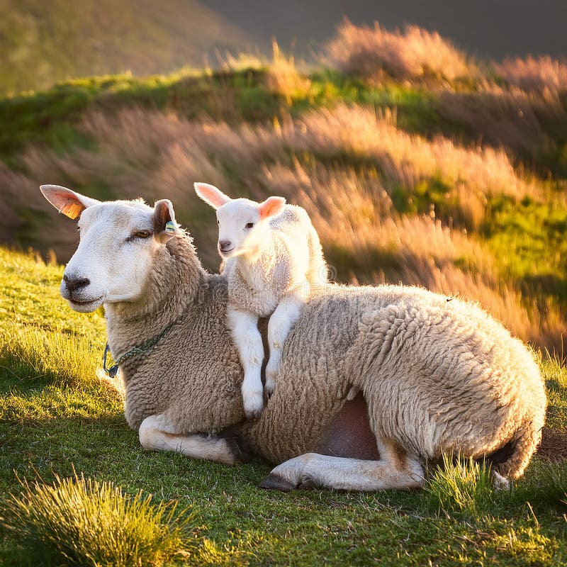 Resigned. Sheep Lying in a Field in Spring with a Lamb Climbing on Its ...