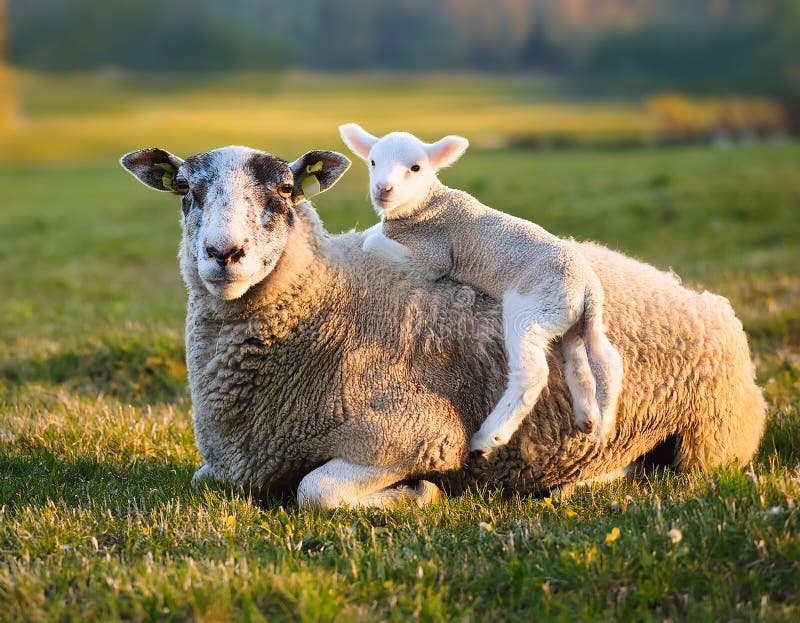 Resigned. Sheep Lying in a Field in Spring with a Lamb Climbing on Its ...